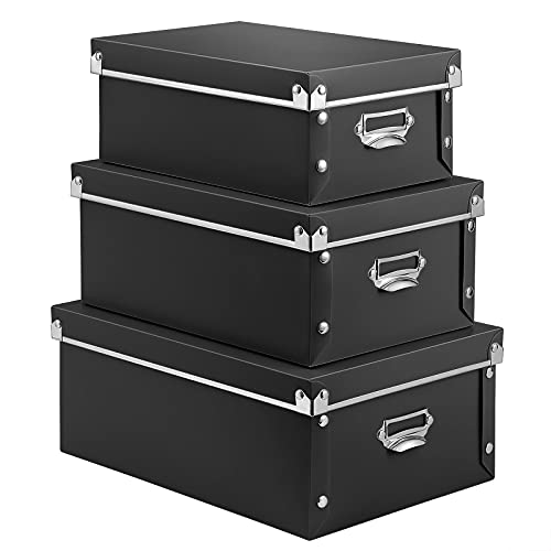 SEEKIND Storage Box, Decorative Storage Bins with Lid,3 in 1 Set,Plastic,with Handles,Press-Stud Fastening,Moisture-proof,Foldable for Space Saving Storage,for Clothes,Cosmetic,Blankets (Black) …