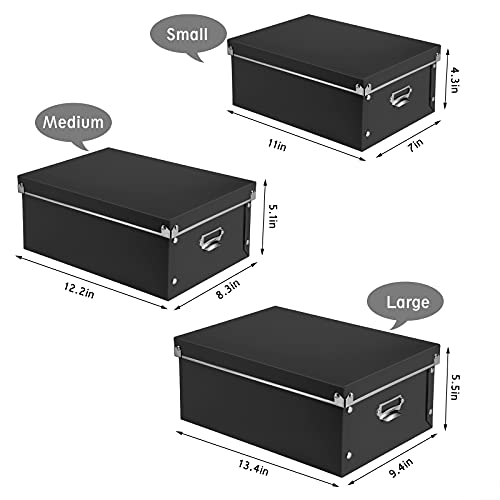 SEEKIND Storage Box, Decorative Storage Bins with Lid,3 in 1 Set,Plastic,with Handles,Press-Stud Fastening,Moisture-proof,Foldable for Space Saving Storage,for Clothes,Cosmetic,Blankets (Black) …