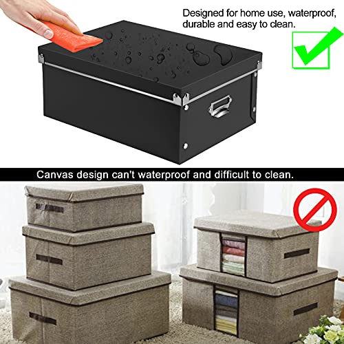 SEEKIND Storage Box, Decorative Storage Bins with Lid,3 in 1 Set,Plastic,with Handles,Press-Stud Fastening,Moisture-proof,Foldable for Space Saving Storage,for Clothes,Cosmetic,Blankets (Black) …