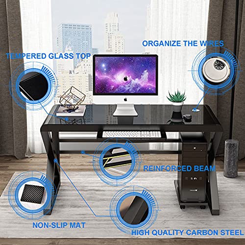 BINGTOO Computer Desk Glass Top Metal Frame, 55.1" Home Office Desks & Workstation Modern Office Writing Gaming Study Work Glass Computer Table Desk