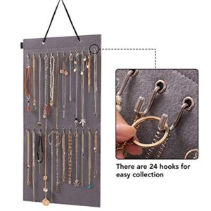 Necklace Holder Jewelry Organizer Hanging on Door Wall Mounted Necklace Holder for Girl Women 24 Hooks Organizer for Holding Jewelries 1 Pack (Gray)