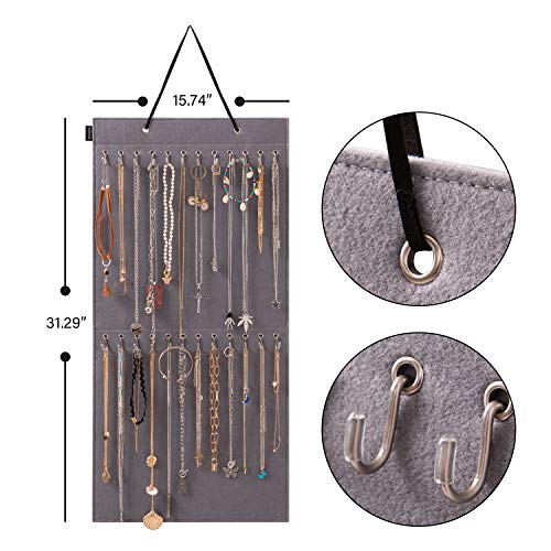 Necklace Holder Jewelry Organizer Hanging on Door Wall Mounted Necklace Holder for Girl Women 24 Hooks Organizer for Holding Jewelries 1 Pack (Gray)