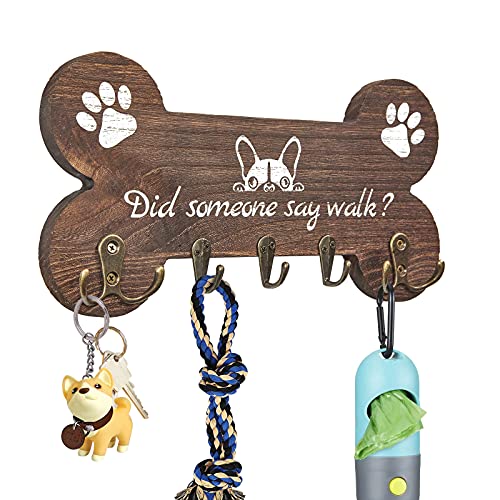 LAOKETON Bone Shape Key Holder - Dog Leash Holder with 5 Key Hooks Decorative for Wall, Cute Housewarming Gifts for Dog Owner & Lovers, 11.8'' x 5.9''(Brown)