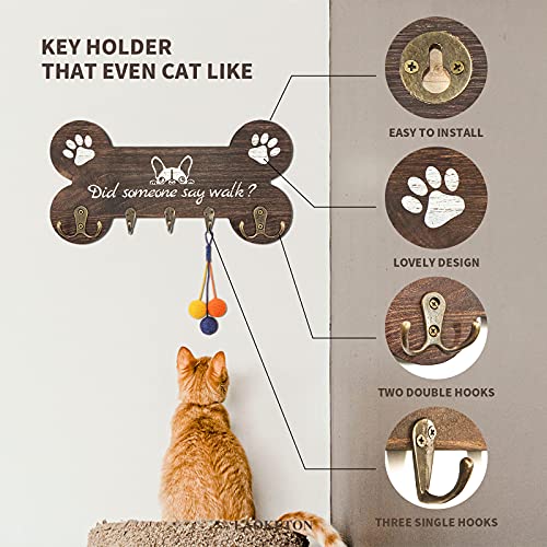 LAOKETON Bone Shape Key Holder - Dog Leash Holder with 5 Key Hooks Decorative for Wall, Cute Housewarming Gifts for Dog Owner & Lovers, 11.8'' x 5.9''(Brown)