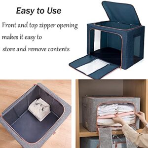 Large Capacity Clothes Storage Organizer - Stackable Storage Bags with Foldable Metal Frame, Zipper, Handles, Clear Window, Storage Container Box for Blanket Sweater Comforter Pillow,100L x 2 Pack (Navy)