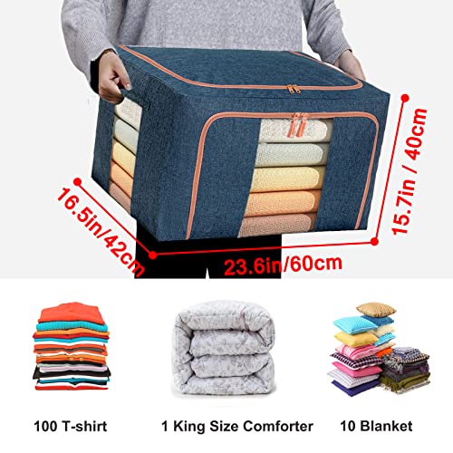 Large Capacity Clothes Storage Organizer - Stackable Storage Bags with Foldable Metal Frame, Zipper, Handles, Clear Window, Storage Container Box for Blanket Sweater Comforter Pillow,100L x 2 Pack (Navy)