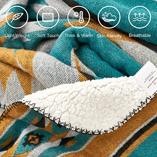 Aztec Patterned Throw Blanket with Soft Sherpa Lining, Traditional Southwestern Navajo Tribal Style Warm Throw for Camping, Outdoor, Light Weight Cozy Boho Blanket for Couch, Sofa, Bed, 50”x60”, Teal