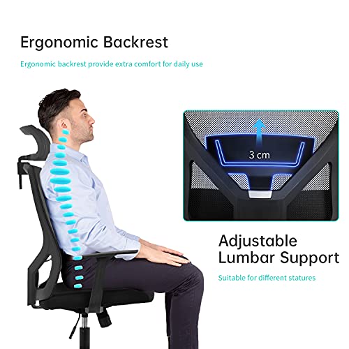 Ergonomic Office Chair Swivel Home Office Desk Chair with Head Pillow Breathable Mesh Backrest Adjustable Seat Height Firm Arm Rests Mesh Chair for Working and Resting (Black)