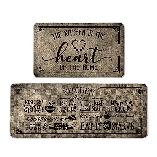 Artoid Mode Kitchen Quotes Kitchen Mats Set of 2, Seasonal The Kitchen is The Heart of The Home Cooking Sets Holiday Party Low-Profile Floor Mat for Home Kitchen - 17x29 and 17x47 Inch