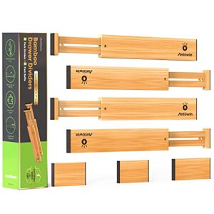 antowin bamboo drawer dividers organizers, drawer separators splitter,13-17 inches long adjustable spring-loaded organizer for large utensil, clothes, tools drawers (4+3)