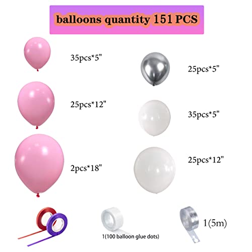 151 Pcs Pink and Silver Balloon Arch Garland Kit, Mothers Day Balloons Garland Kit 5" 12" 18" Light Pink White Silver Balloons Party Decorations.…