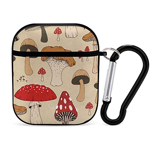 YouTary Various Mushroom Art Pattern Airpods 1 & 2 Case Cover, Apple AirPod Headphone Cover Unisex Personalized Shockproof Protective Wireless Charging Accessories with Keychain