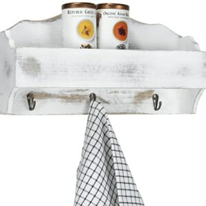 Red Co. 16” x 8” Large Decorative Wooden Wall-Mounted Rack Organizer with 3 Hooks in Distressed White Finish