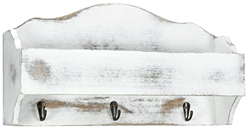 Red Co. 16” x 8” Large Decorative Wooden Wall-Mounted Rack Organizer with 3 Hooks in Distressed White Finish