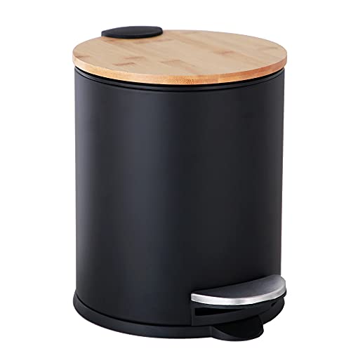 SIDIANBAN Small Bathroom Trash Can with Bamboo Lid Soft Close and Foot Pedal, 1.3Gal/5L Round Garbage Can with Removable Inner Wastebasket for Bedroom, Powder Room, Craft Room, Office, Kitchen, Black