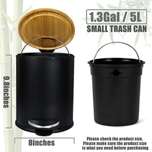 SIDIANBAN Small Bathroom Trash Can with Bamboo Lid Soft Close and Foot Pedal, 1.3Gal/5L Round Garbage Can with Removable Inner Wastebasket for Bedroom, Powder Room, Craft Room, Office, Kitchen, Black