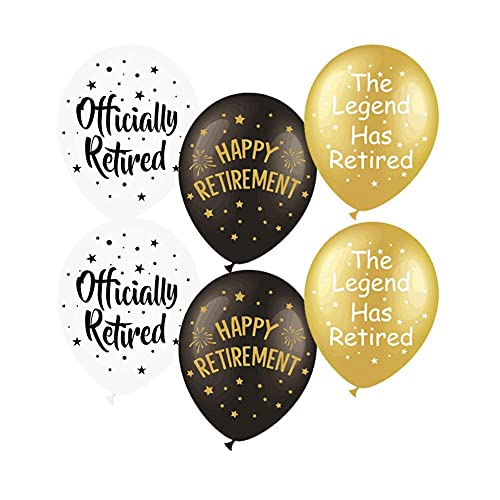 SUNBEAUTY 18 Pcs Happy Retirement Balloons With Pattern 12 Inch Black Gold and White Retirement Latex Balloons for Retirement Theme Party Decorations