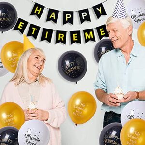 SUNBEAUTY 18 Pcs Happy Retirement Balloons With Pattern 12 Inch Black Gold and White Retirement Latex Balloons for Retirement Theme Party Decorations