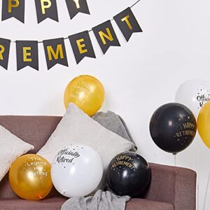 SUNBEAUTY 18 Pcs Happy Retirement Balloons With Pattern 12 Inch Black Gold and White Retirement Latex Balloons for Retirement Theme Party Decorations