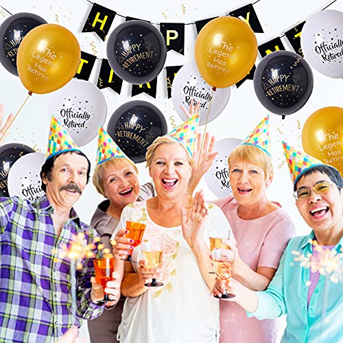 SUNBEAUTY 18 Pcs Happy Retirement Balloons With Pattern 12 Inch Black Gold and White Retirement Latex Balloons for Retirement Theme Party Decorations