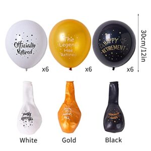 SUNBEAUTY 18 Pcs Happy Retirement Balloons With Pattern 12 Inch Black Gold and White Retirement Latex Balloons for Retirement Theme Party Decorations