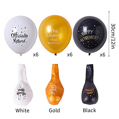 SUNBEAUTY 18 Pcs Happy Retirement Balloons With Pattern 12 Inch Black Gold and White Retirement Latex Balloons for Retirement Theme Party Decorations