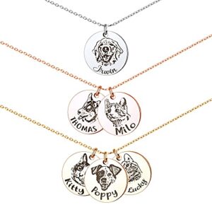 anavia personalized pet portrait necklace, handmade pet dog cat memorial jewelry gift, customized round disc photo engraved necklace pet gifts for animal lover dog mom(1 disc, silver)