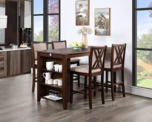 new classic furniture amy kitchen counter island dining table for 4 with storage shelf & usb chargers, traditional brown cherry