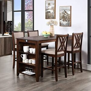 New Classic Furniture Amy Kitchen Counter Island Dining Table for 4 with Storage Shelf & USB Chargers, Traditional Brown Cherry