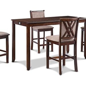 New Classic Furniture Amy Kitchen Counter Island Dining Table for 4 with Storage Shelf & USB Chargers, Traditional Brown Cherry