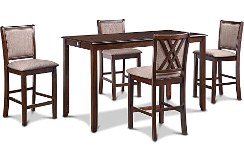 New Classic Furniture Amy Kitchen Counter Island Dining Table for 4 with Storage Shelf & USB Chargers, Traditional Brown Cherry