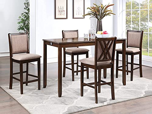 New Classic Furniture Amy Kitchen Counter Island Dining Table for 4 with Storage Shelf & USB Chargers, Traditional Brown Cherry