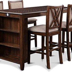 New Classic Furniture Amy Kitchen Counter Island Dining Table for 4 with Storage Shelf & USB Chargers, Traditional Brown Cherry