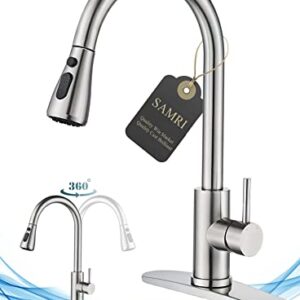 Kitchen Faucets with Pull Down Sprayer, SAMRI High Arc Single Lever Single Handle Stainless Steel Brushed Kitchen Sink Faucets with Pull Out Sprayer and Brass Valve, for Kitchen RV Bar Sink