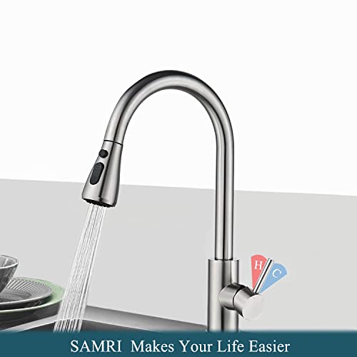 Kitchen Faucets with Pull Down Sprayer, SAMRI High Arc Single Lever Single Handle Stainless Steel Brushed Kitchen Sink Faucets with Pull Out Sprayer and Brass Valve, for Kitchen RV Bar Sink