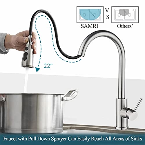 Kitchen Faucets with Pull Down Sprayer, SAMRI High Arc Single Lever Single Handle Stainless Steel Brushed Kitchen Sink Faucets with Pull Out Sprayer and Brass Valve, for Kitchen RV Bar Sink