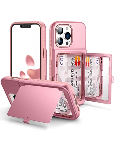 WeLoveCase for iPhone 13 Pro Wallet Case for Women with Credit Card Holder & Hidden Mirror, Two Layer Shockproof Heavy Duty Protection Cover Protective Case for iPhone 13 Pro - 6.1 Inch Rose Gold