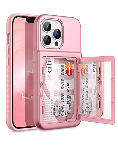 WeLoveCase for iPhone 13 Pro Wallet Case for Women with Credit Card Holder & Hidden Mirror, Two Layer Shockproof Heavy Duty Protection Cover Protective Case for iPhone 13 Pro - 6.1 Inch Rose Gold