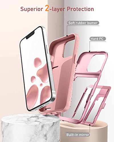 WeLoveCase for iPhone 13 Pro Wallet Case for Women with Credit Card Holder & Hidden Mirror, Two Layer Shockproof Heavy Duty Protection Cover Protective Case for iPhone 13 Pro - 6.1 Inch Rose Gold