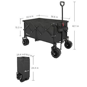 Moon Lence Collapsible Folding Wagon Cart Heavy Duty Folding Garden Portable Hand Cart with All-Terrain Beach Wheels, Adjustable Handle & Drink Holders