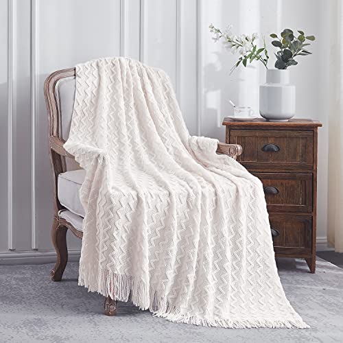 Lunarose Throw Blanket for Couch,Soft Cozy Knit Blanket,Lightweight Decorative Throw for Sofa Chair Bed Travel and Living Room-All Seasons Suitable (50"x60", White-Wave)