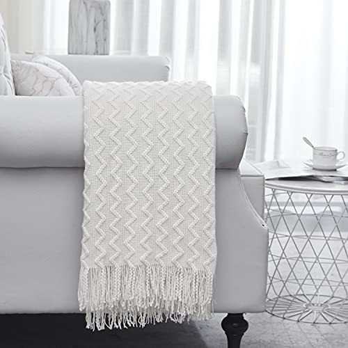 Lunarose Throw Blanket for Couch,Soft Cozy Knit Blanket,Lightweight Decorative Throw for Sofa Chair Bed Travel and Living Room-All Seasons Suitable (50"x60", White-Wave)