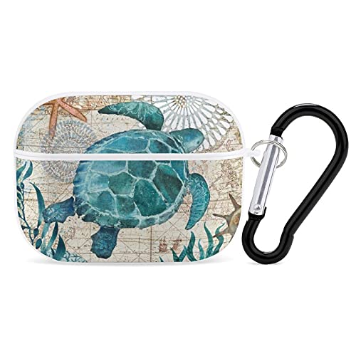 YouTary Blue Sea Turtle Nautical Map Pattern Apple Airpods pro Case Cover with Keychain, AirPod Headphone Cover Unisex Shockproof Protective Wireless Charging Headset Accessories