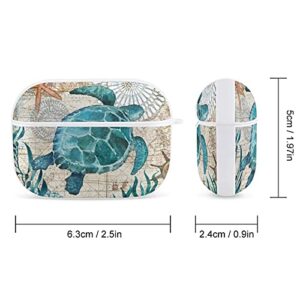 YouTary Blue Sea Turtle Nautical Map Pattern Apple Airpods pro Case Cover with Keychain, AirPod Headphone Cover Unisex Shockproof Protective Wireless Charging Headset Accessories