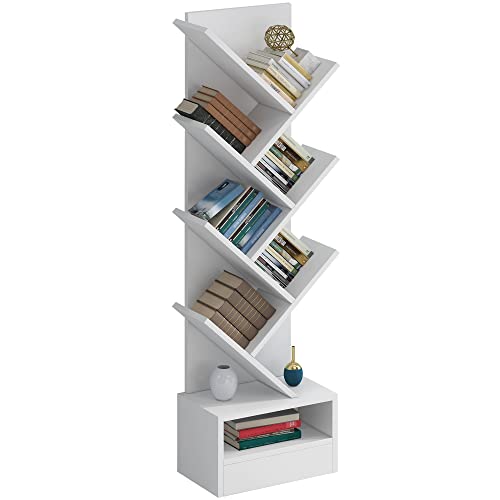 4NM Small Tree Bookshelf with Storage Space, Standing Bookcase for CD Storage and Magazine Rack, Wooden Book Tree Organizer Shelves for Small Spaces (White)