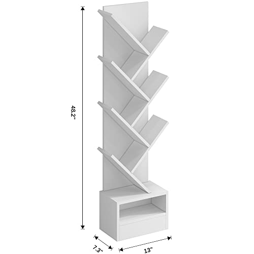 4NM Small Tree Bookshelf with Storage Space, Standing Bookcase for CD Storage and Magazine Rack, Wooden Book Tree Organizer Shelves for Small Spaces (White)