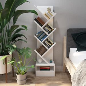 4NM Small Tree Bookshelf with Storage Space, Standing Bookcase for CD Storage and Magazine Rack, Wooden Book Tree Organizer Shelves for Small Spaces (White)