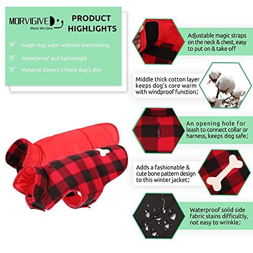 MORVIGIVE Reversible Plaid Winter Dog Coats, Waterproof British Style Puppy Snow Jacket with Harness Hole High Collar, Windproof Cold Weather Dog Vest Warm Pet Apparel for Small Medium Large Dogs