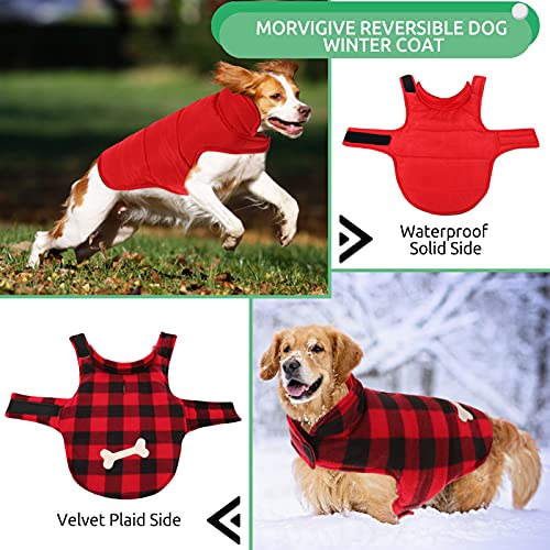 MORVIGIVE Reversible Plaid Winter Dog Coats, Waterproof British Style Puppy Snow Jacket with Harness Hole High Collar, Windproof Cold Weather Dog Vest Warm Pet Apparel for Small Medium Large Dogs