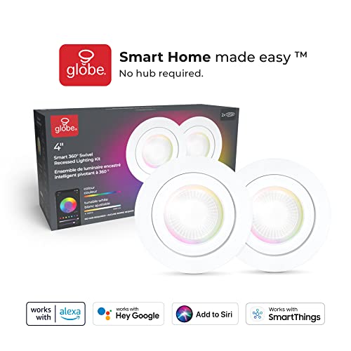 Globe Electric 50467 Wi-Fi Smart 4" Swivel LED Recessed Lighting Kit 2-Pack, No Hub Required, Voice Activated, 9 W, Multicolor Changing RGB, Tunable White 2000K - 5000K, 540 Lumens, Wet Rated